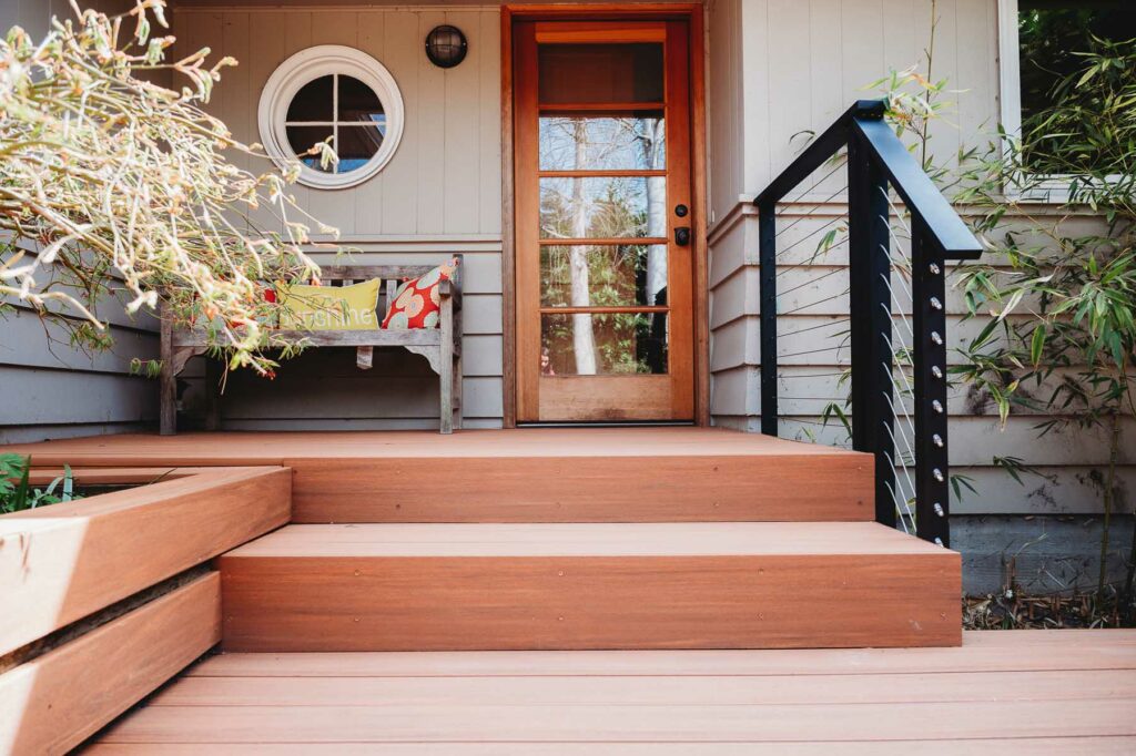 Bright natural wood color composite decking, elevated trail, and built ...