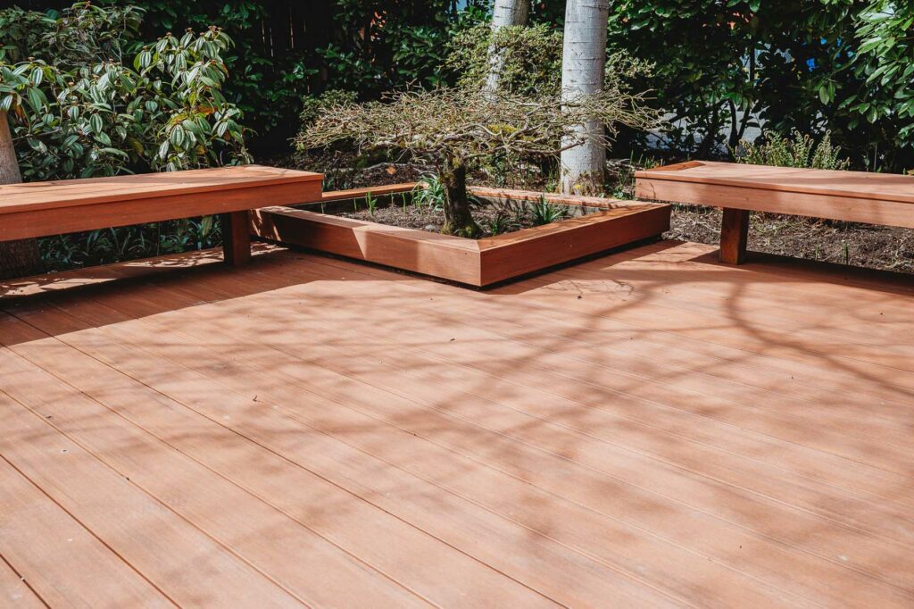 Bright natural wood color composite decking, elevated trail, and built ...