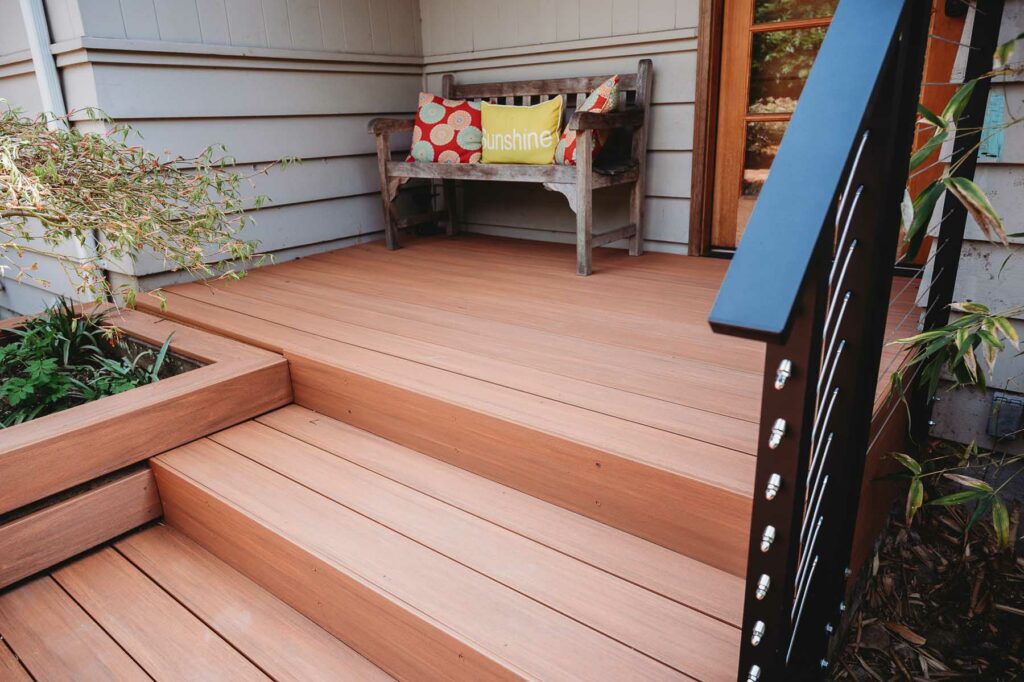 Bright natural wood color composite decking, elevated trail, and built ...