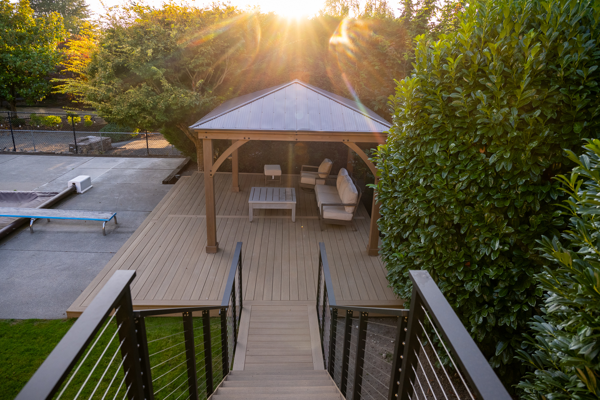 TimberTech Coconut Husk Decking with Maisy Cable Railing & Gazebo